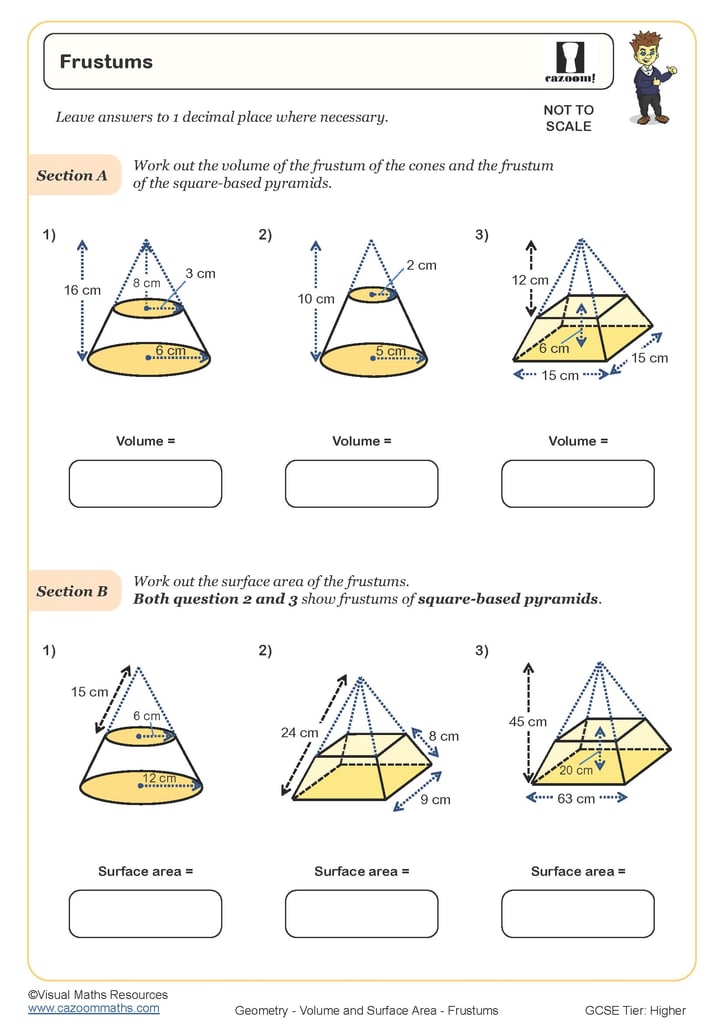 Frustums Worksheet | Cazoom Maths Worksheets