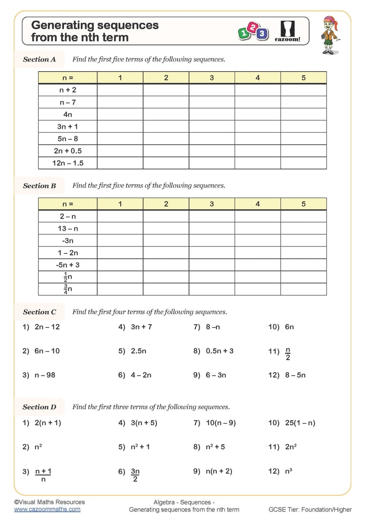 Generating Sequences From The Nth Term Worksheet Cazoom Maths Worksheets