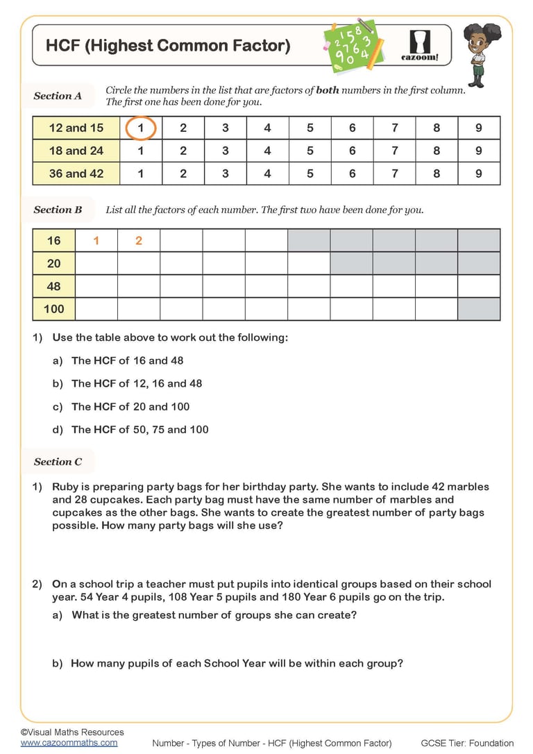 Highest Common Factor Worksheet | Printable Maths Worksheets