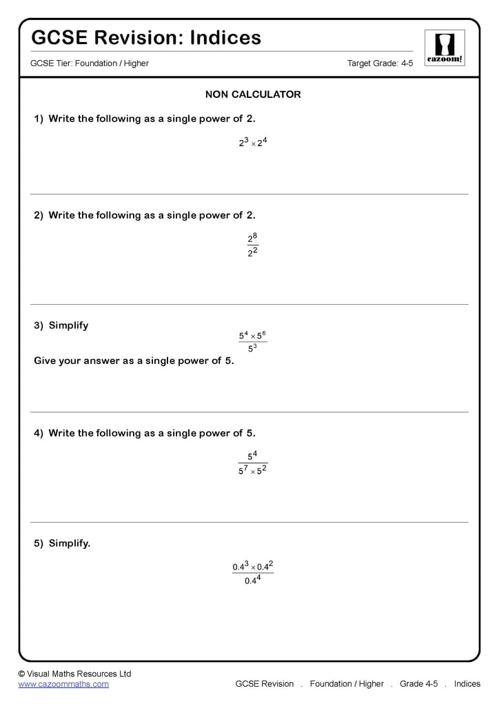 Indices Gcse Questions Gcse Revision Questions