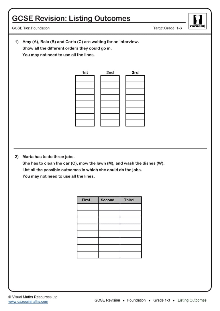 Listing Outcomes GCSE Questions | GCSE Revision Questions