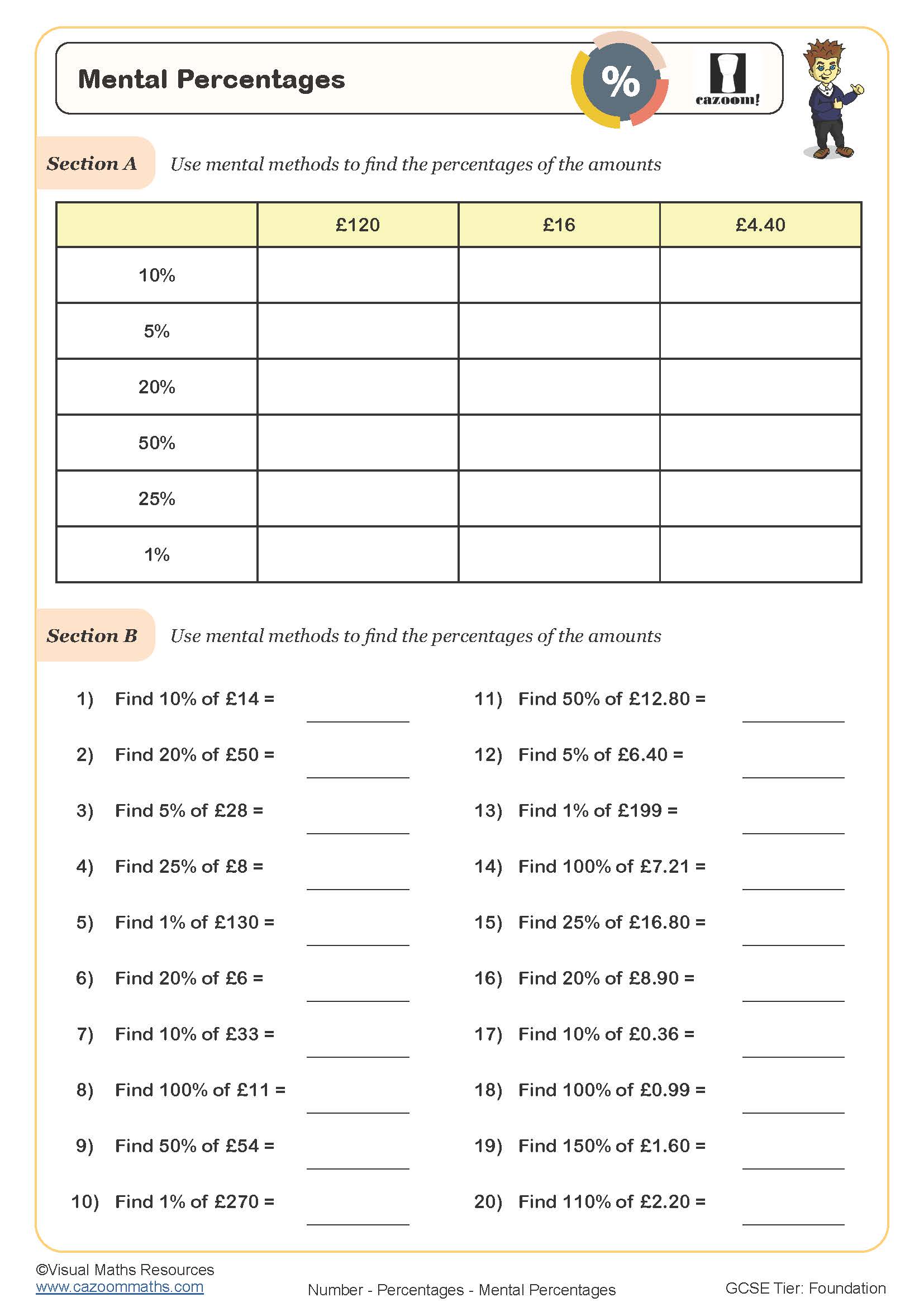 KS3 and KS4 Percentages Worksheets - Printable Percentages of Amounts ...