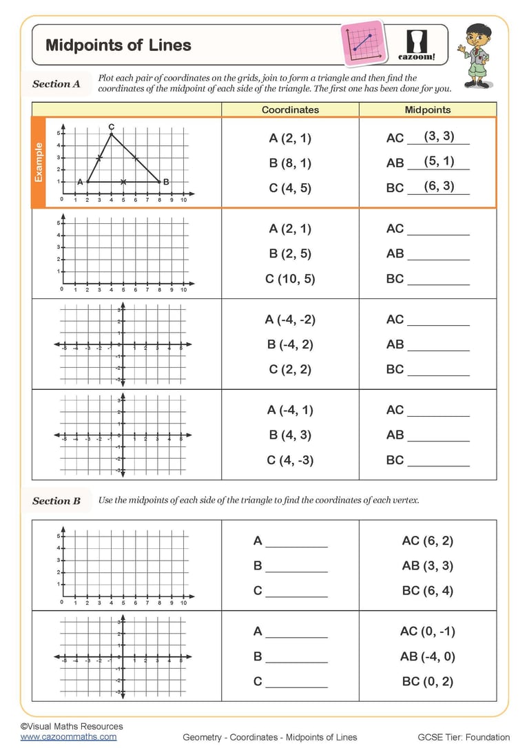 Midpoints of Lines Worksheet | Cazoom Maths Worksheets