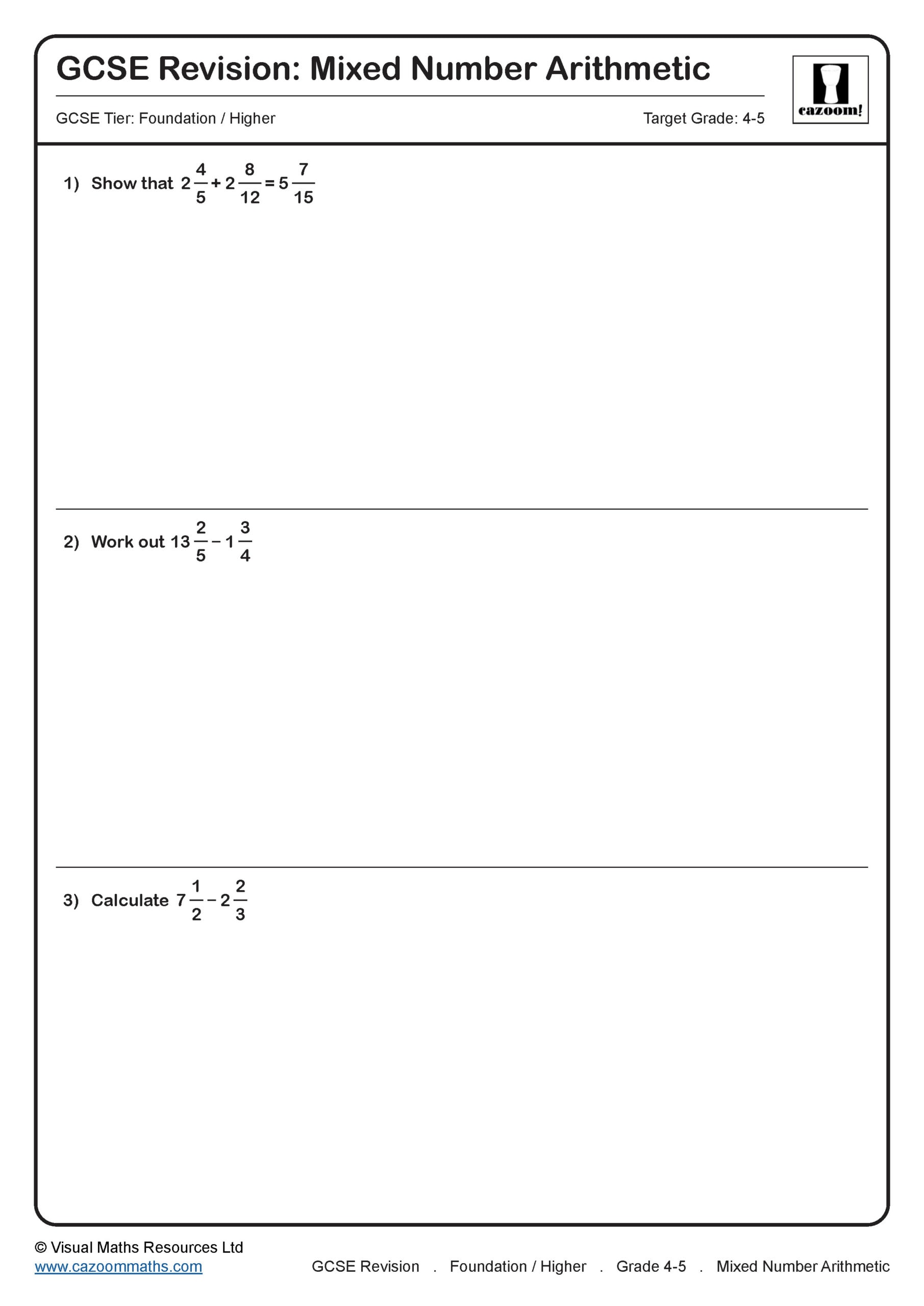 Mixed Number Arithmetic GCSE Questions | GCSE Revision Questions