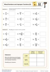 Mixed Numbers and Improper Fractions (B) Worksheet | Cazoom Maths ...