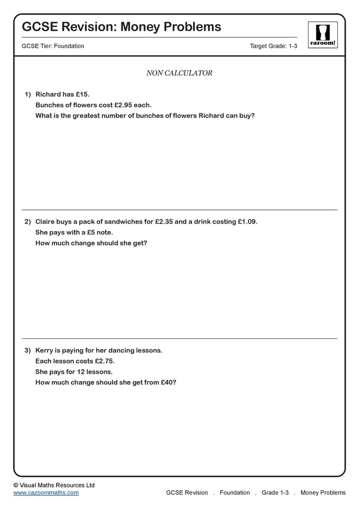 Money Problems (A) Worksheet | Printable PDF Worksheets