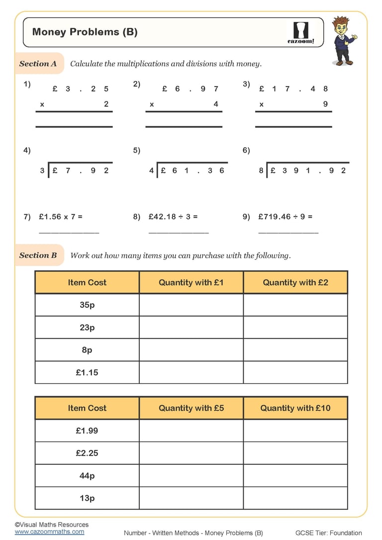 Money Problems (A) Worksheet | Printable PDF Worksheets