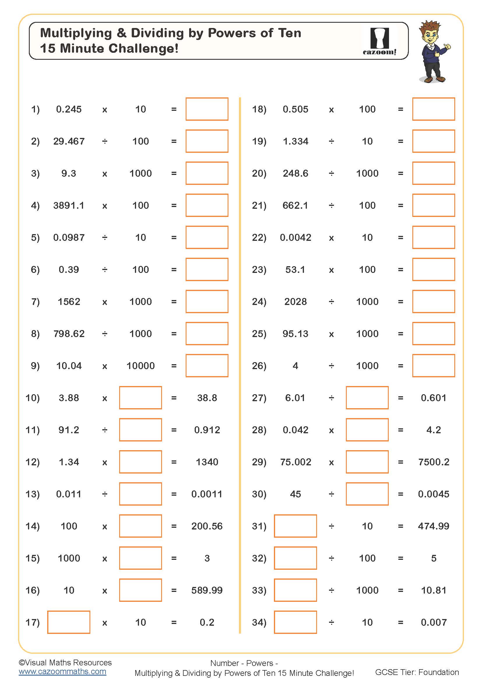 Multiplying and Dividing by 10, 100 and 1,000 Codebreaker Worksheet ...