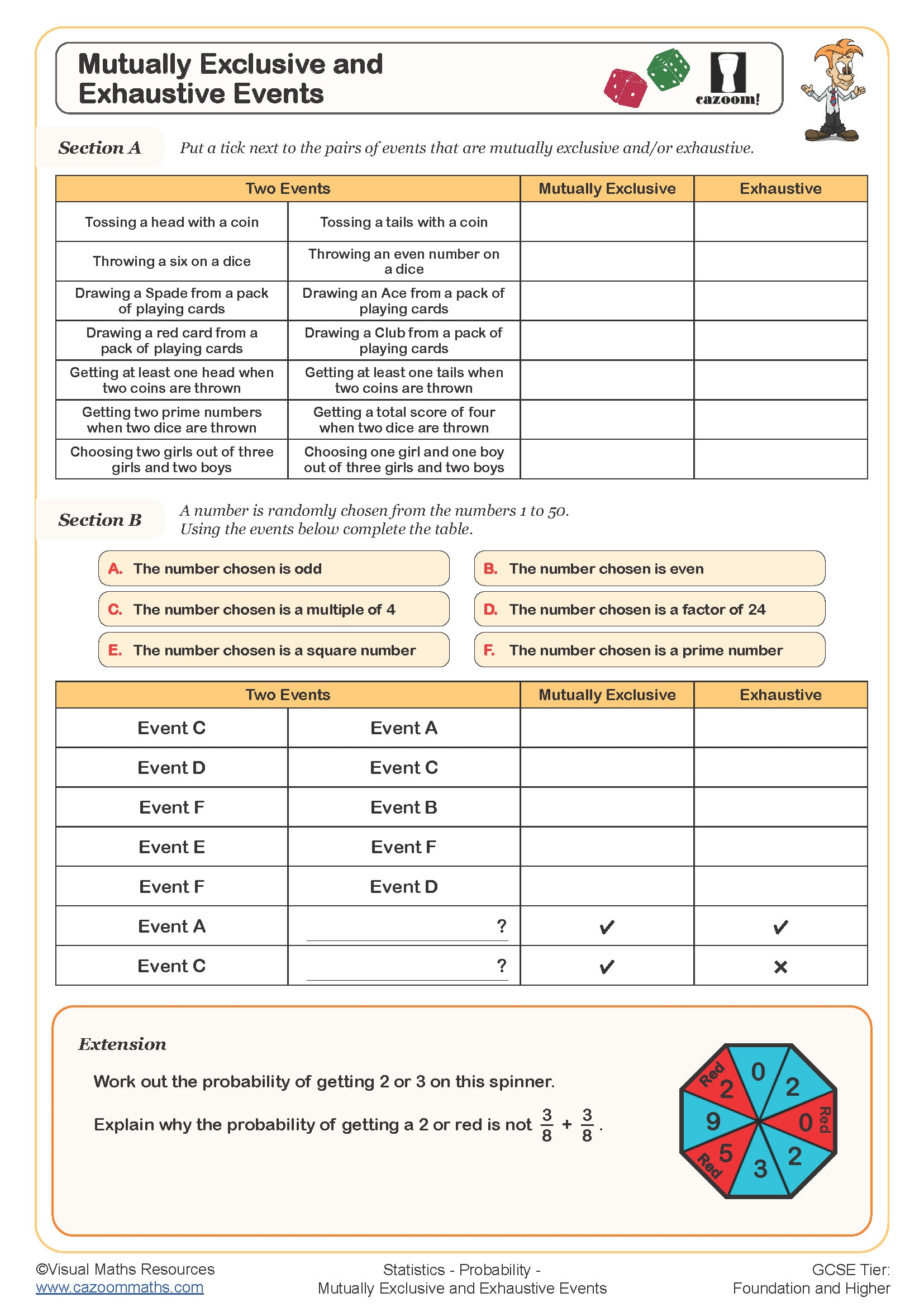 Mutually Exclusive and Exhaustive Events Worksheet | Printable Maths Worksheets