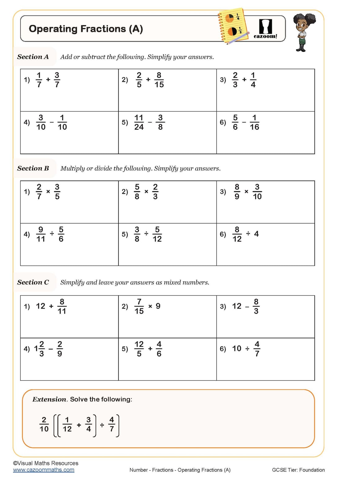 Operating Fractions (B) Worksheet | Cazoom Maths Worksheets
