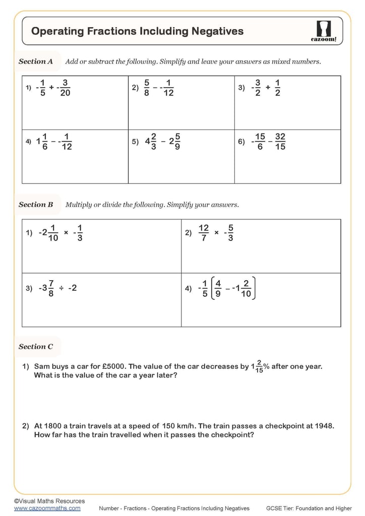 Operating Fractions (B) Worksheet | Cazoom Maths Worksheets