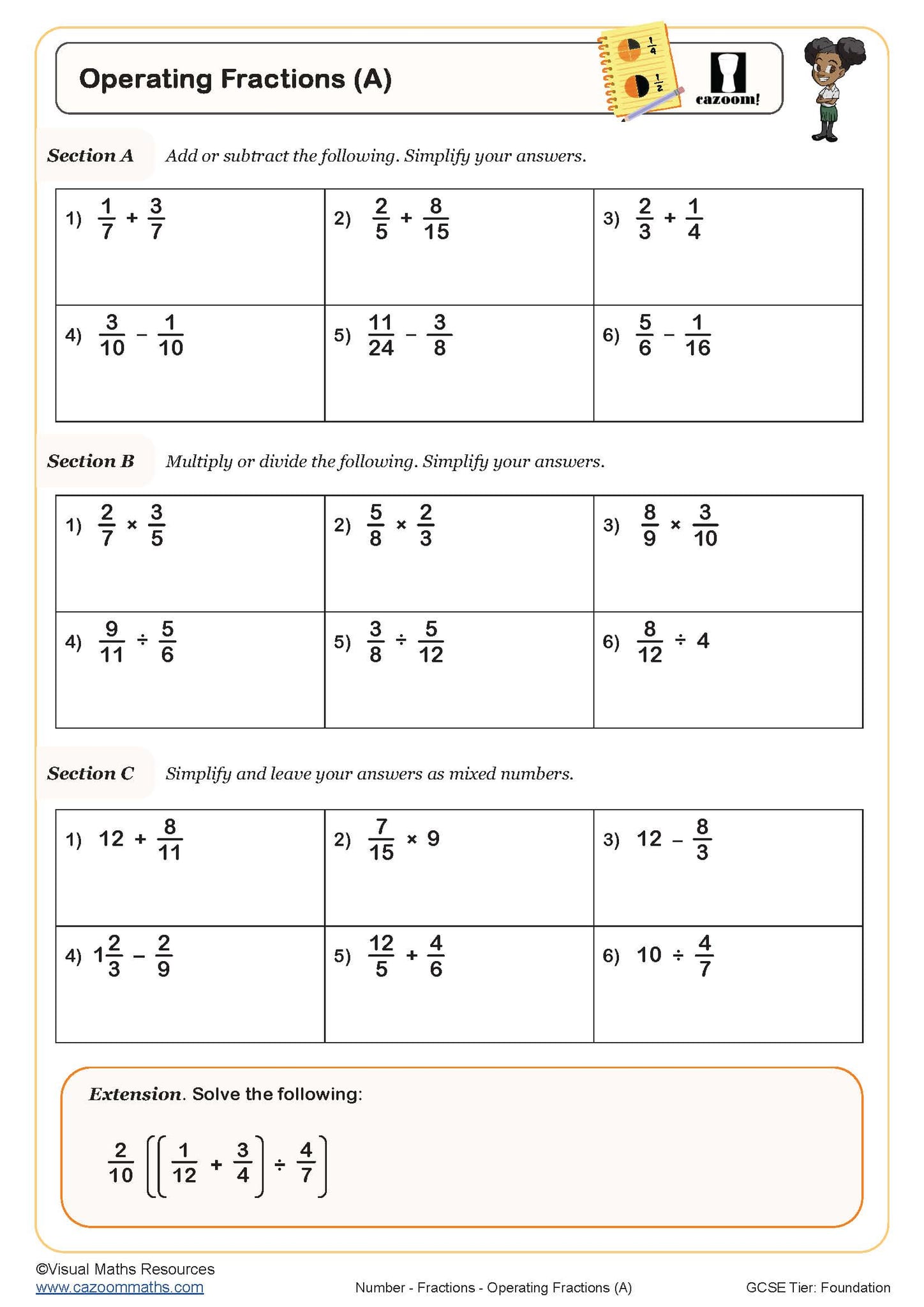 Operating Fractions Including Negatives Worksheet | Cazoom Maths Worksheets