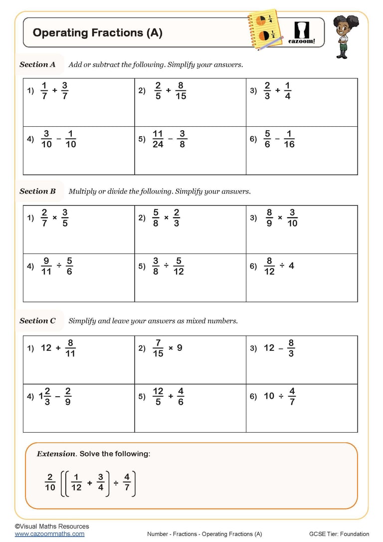 Operating Fractions Including Negatives Worksheet | Cazoom Maths Worksheets