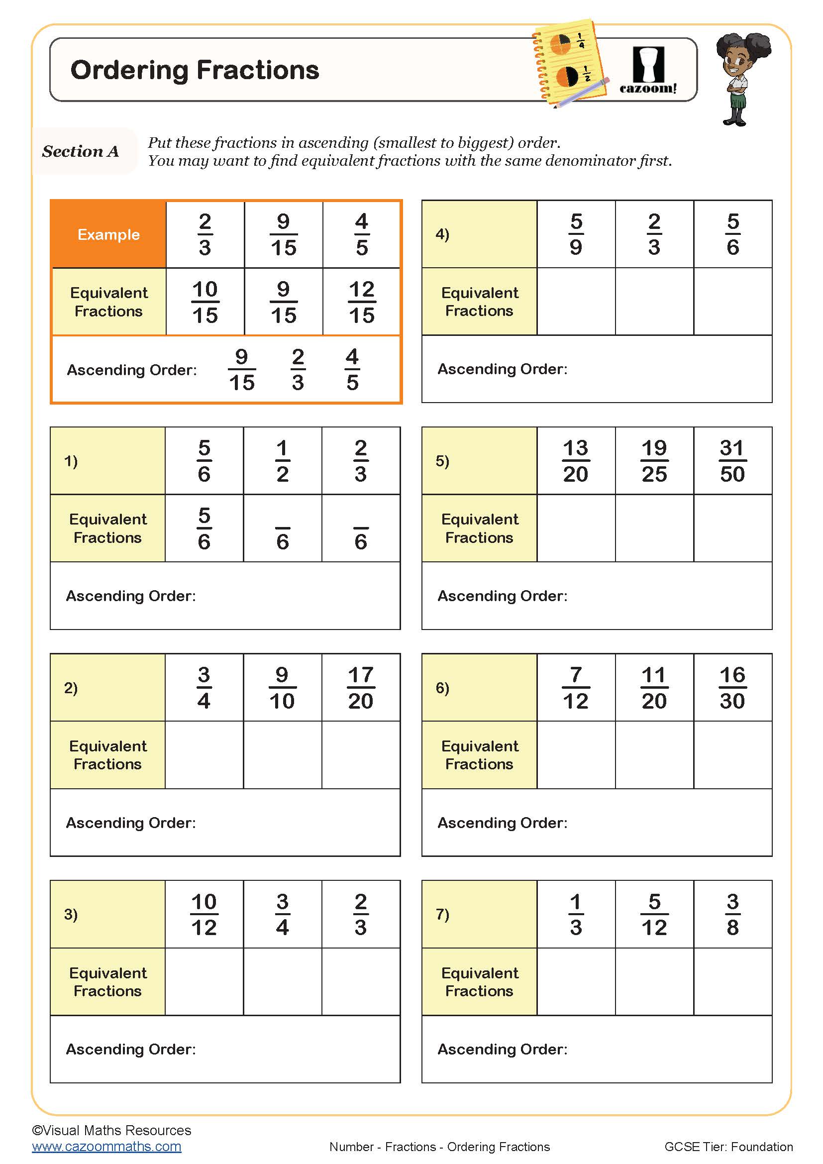 Ordering Fractions Worksheet | Printable Maths Worksheets