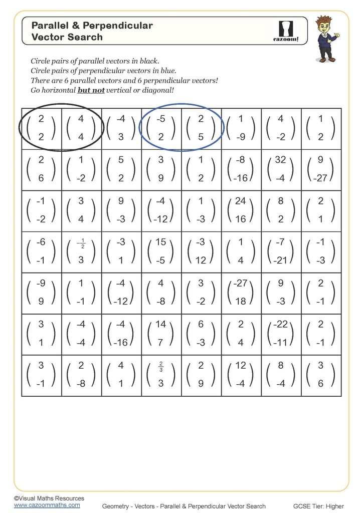 Parallel and Perpendicular Vector Search Worksheet | Cazoom Maths ...
