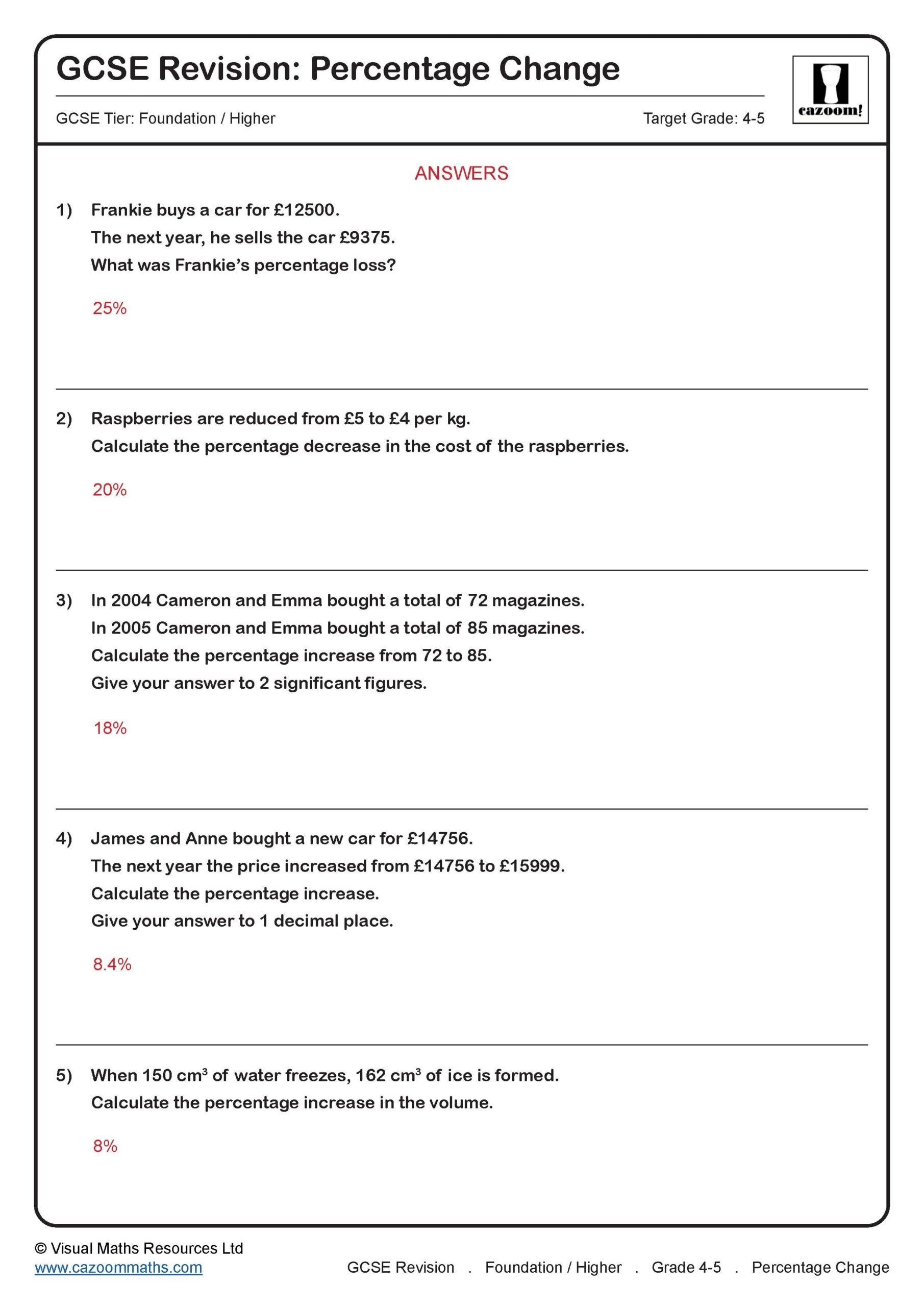 Percentage Change GCSE Questions | GCSE Revision Questions