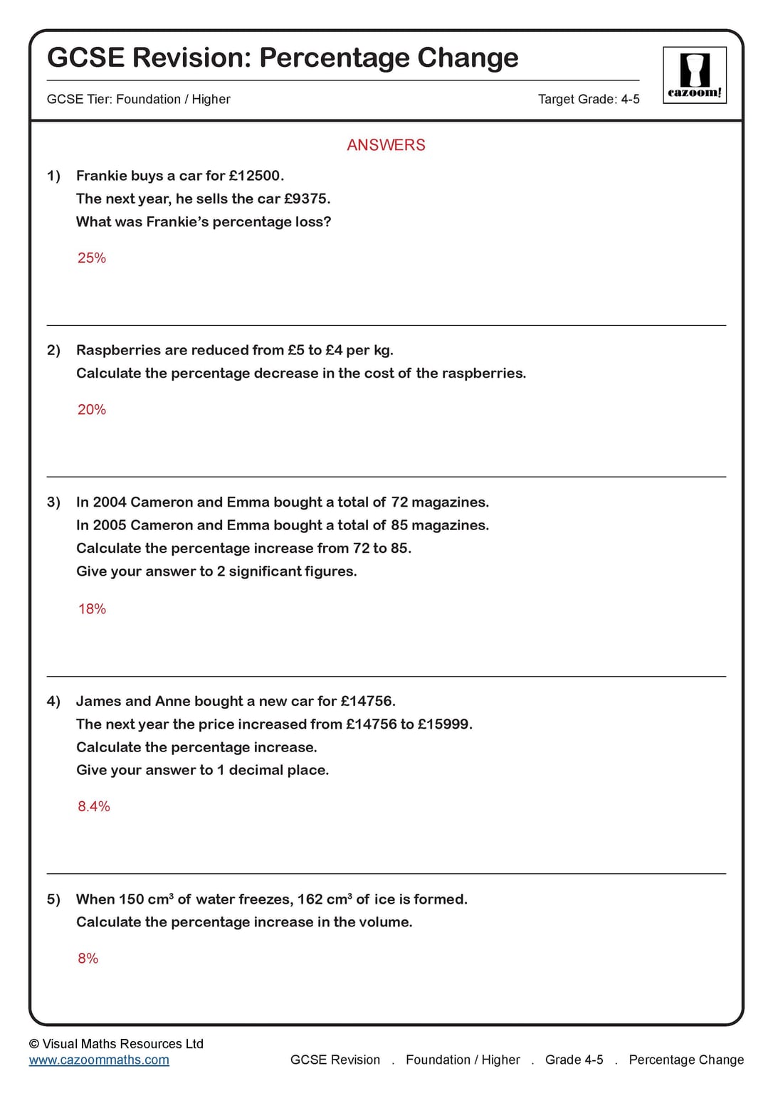 Percentage Increase And Decrease Worksheet Cazoom Maths Worksheets