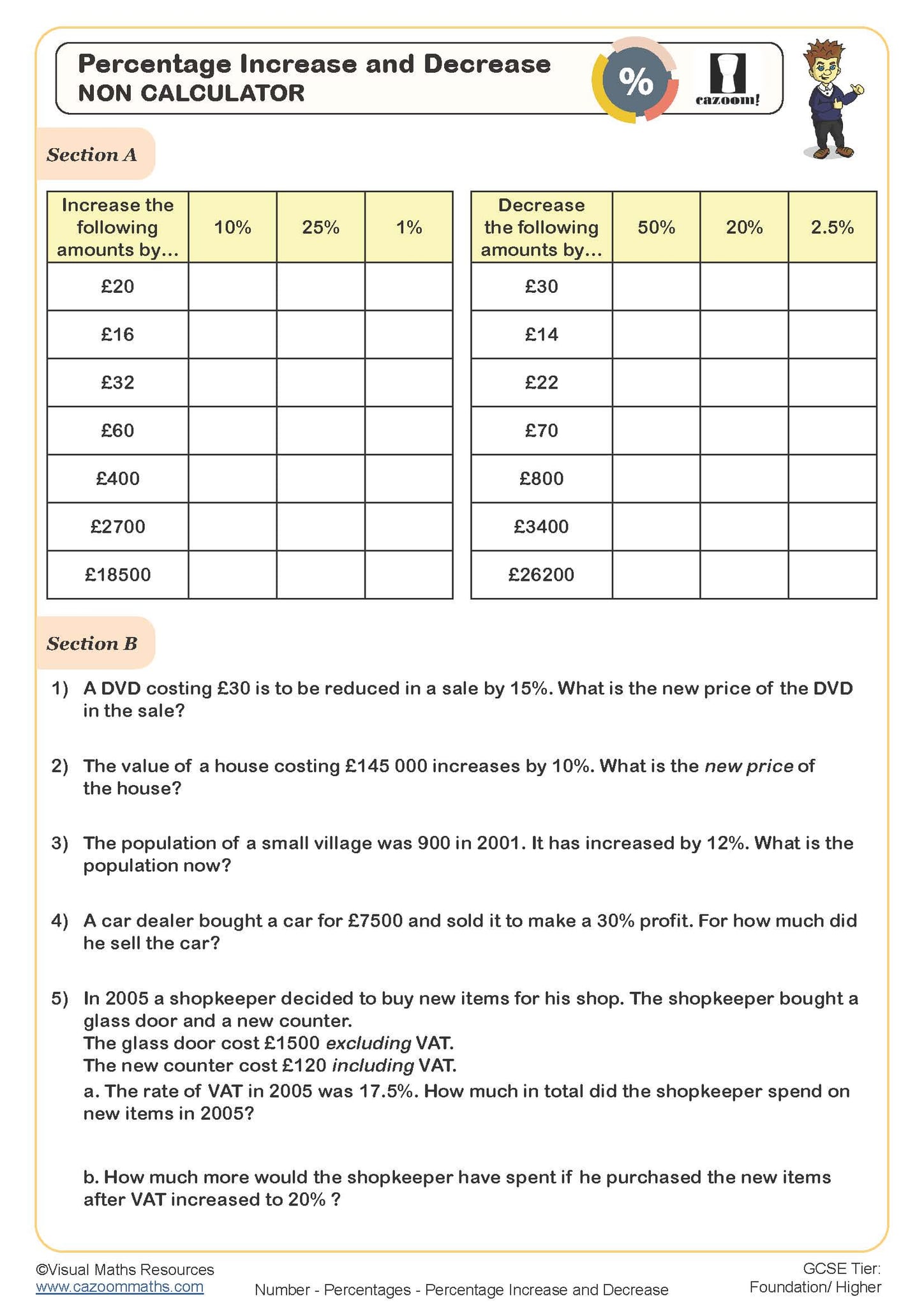 Percentages of Amounts (C) | Cazoom Maths Worksheets