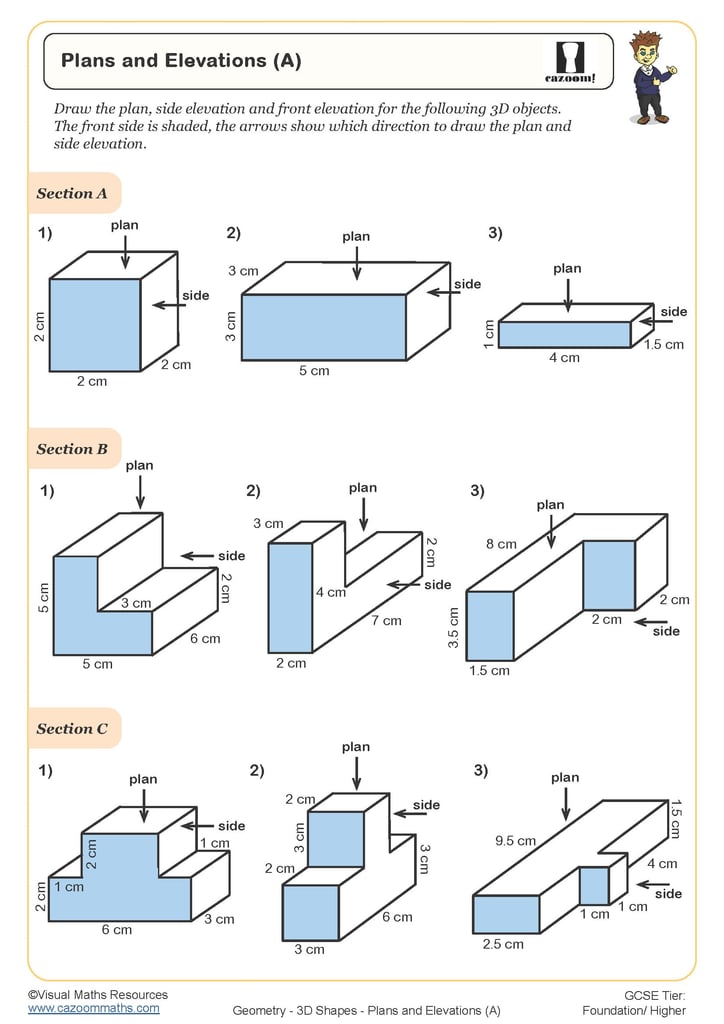 Plans and Elevations (C) Worksheet | Printable Maths Worksheets