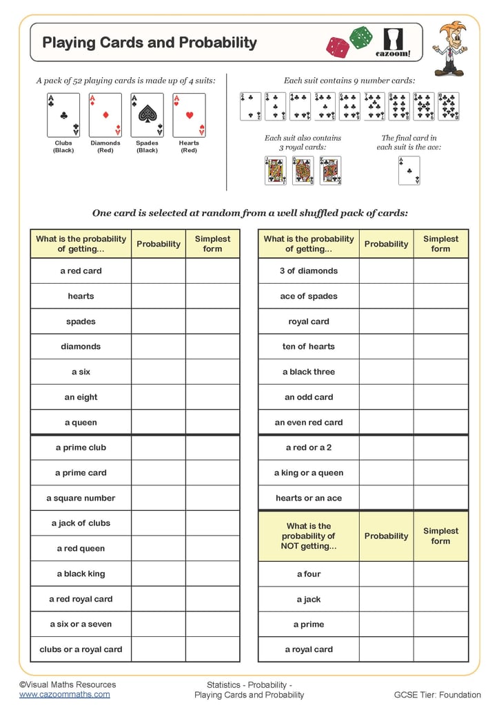 Playing Cards and Probability Worksheet | Printable PDF Worksheets