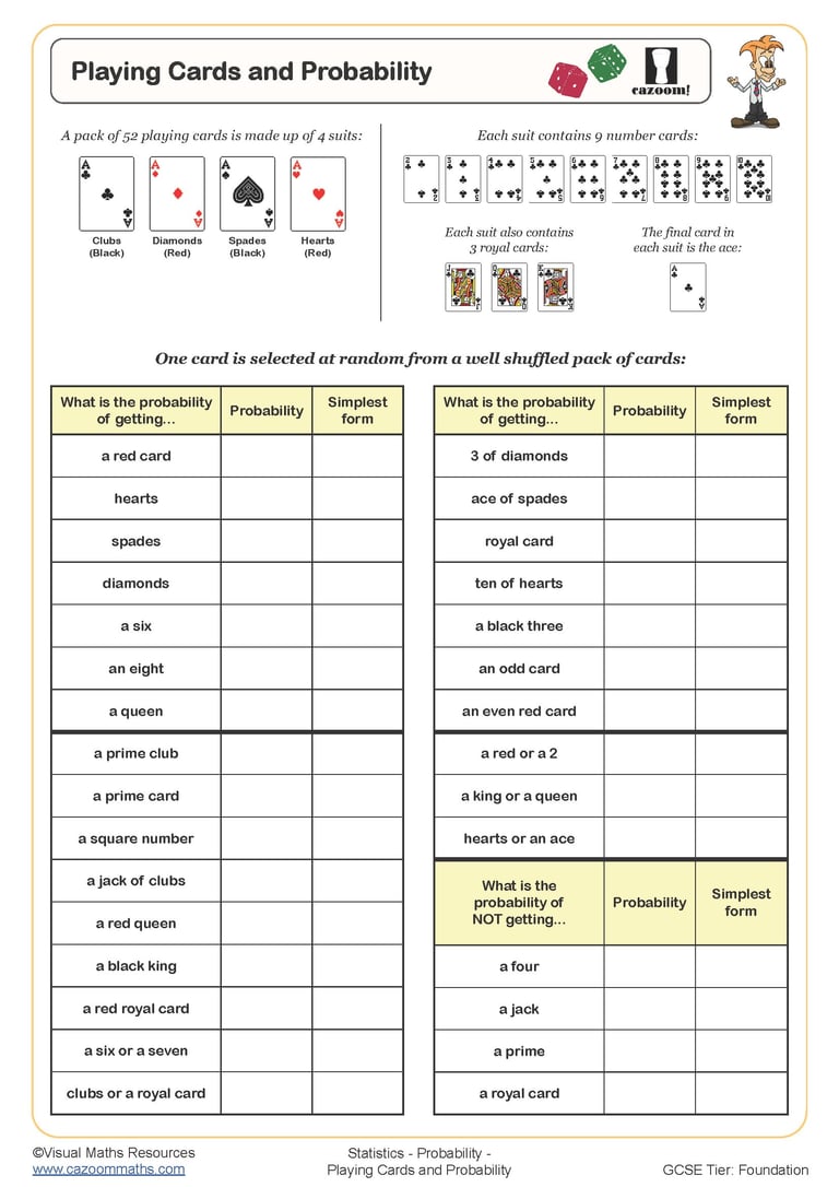 Playing Cards and Probability Worksheet | Printable PDF Worksheets
