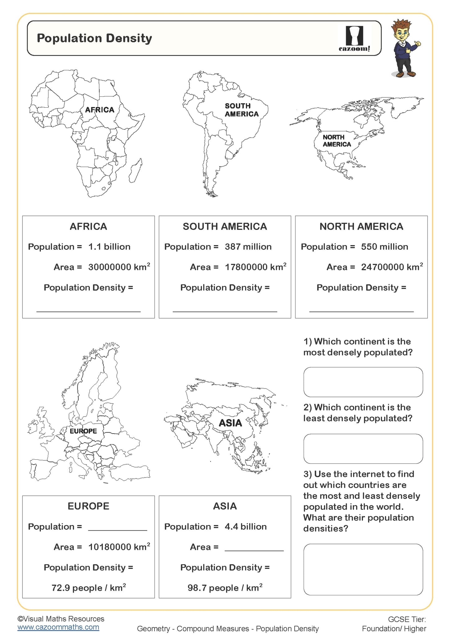 Population Density Worksheet | Cazoom Maths Worksheets