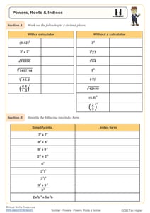 Powers, Roots and Indices Worksheet | Cazoom Maths Worksheets