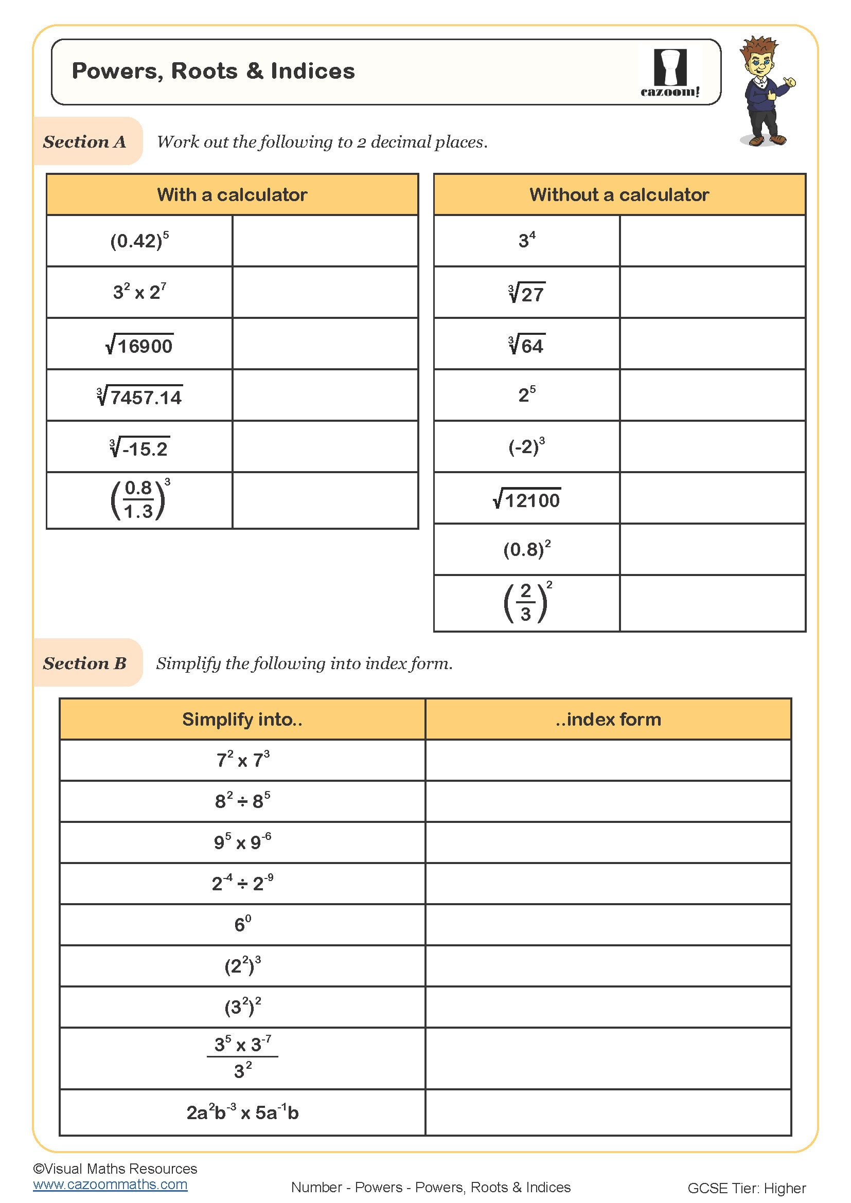 Powers, Roots and Indices Worksheet | Cazoom Maths Worksheets