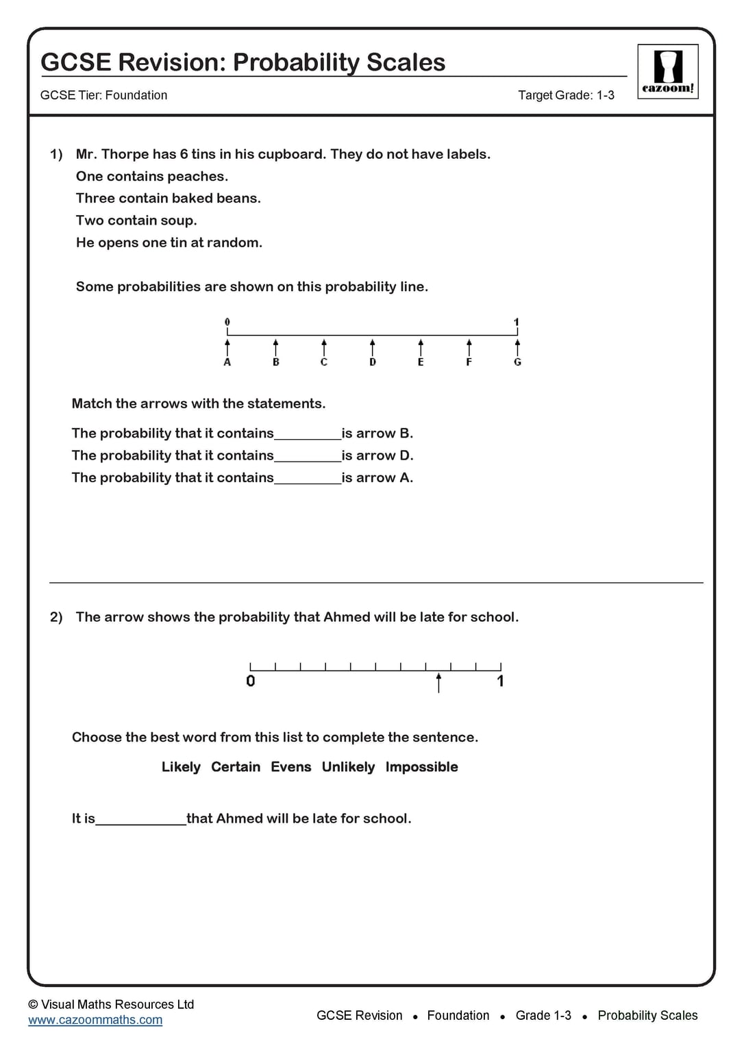 Probability Statements - True or False Worksheet | Cazoom Maths Worksheets