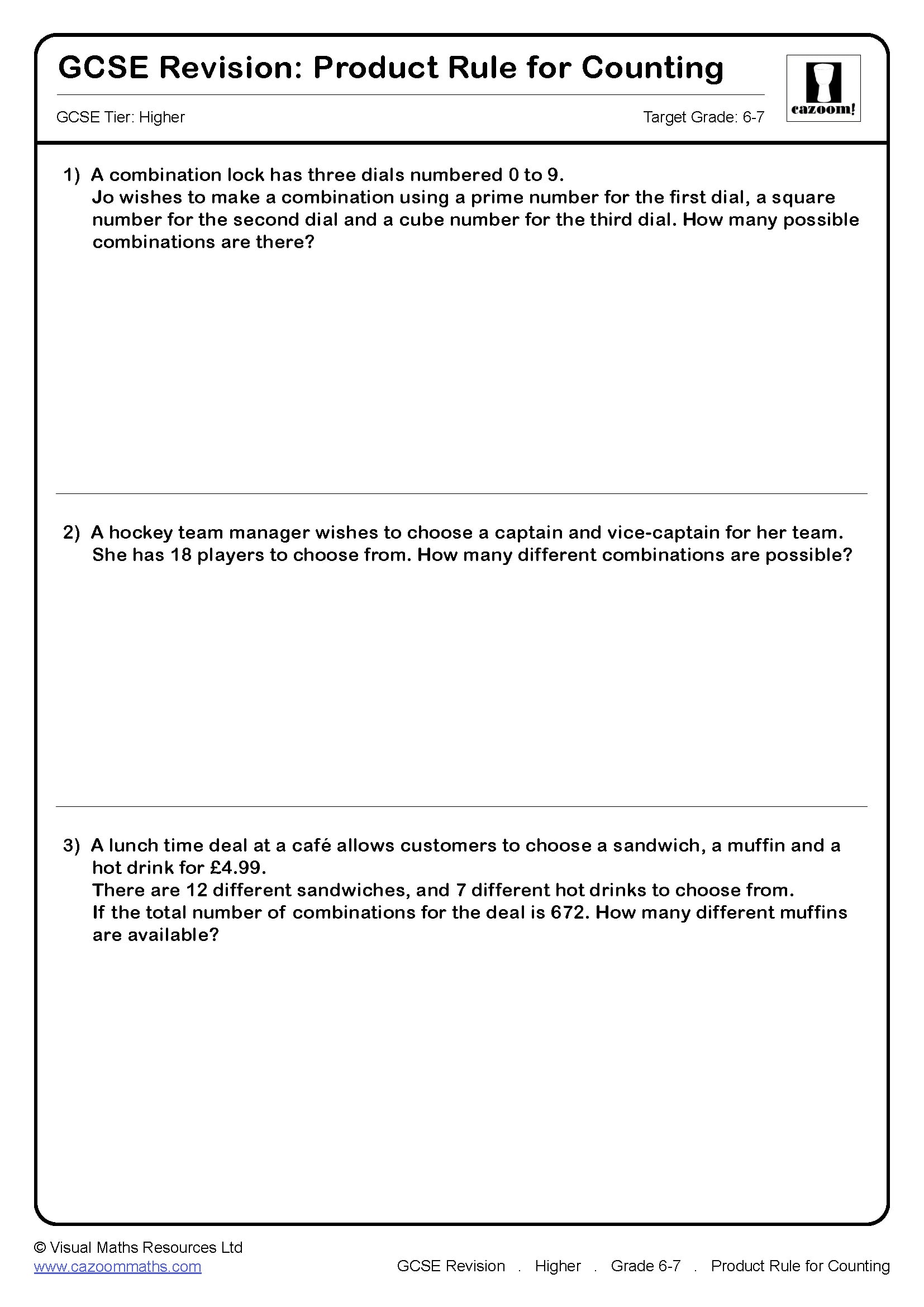 Product Rule for Counting GCSE Questions | GCSE Revision Questions
