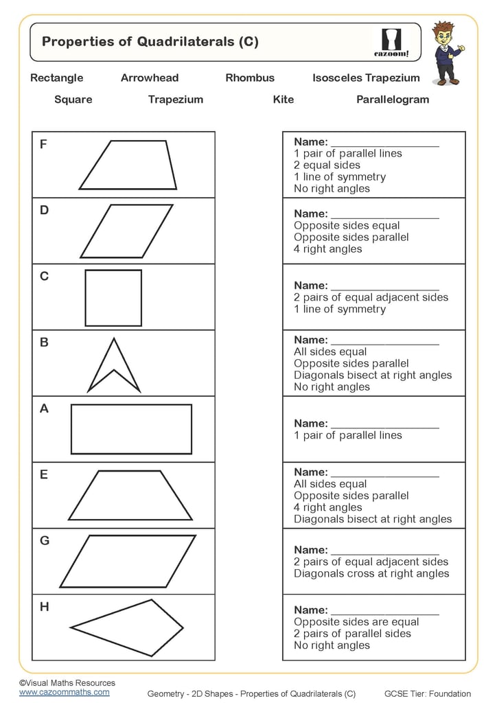 Properties of Quadrilaterals (B) Worksheet | Printable Maths Worksheets
