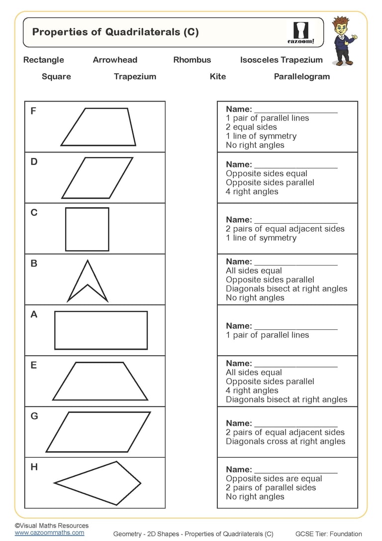 Properties of Quadrilaterals (B) Worksheet | Printable Maths Worksheets