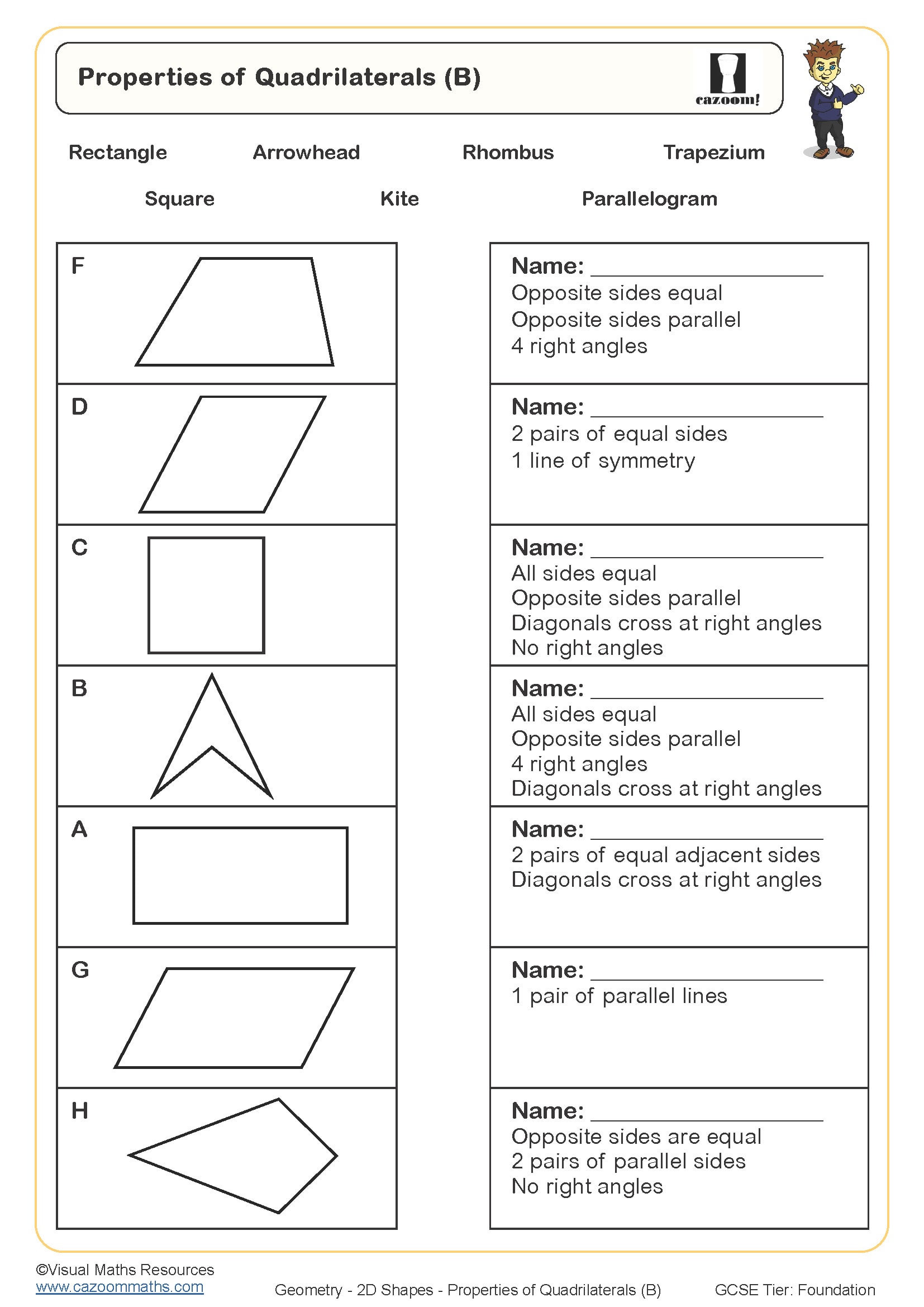 Properties of Quadrilaterals (B) Worksheet | Printable Maths Worksheets