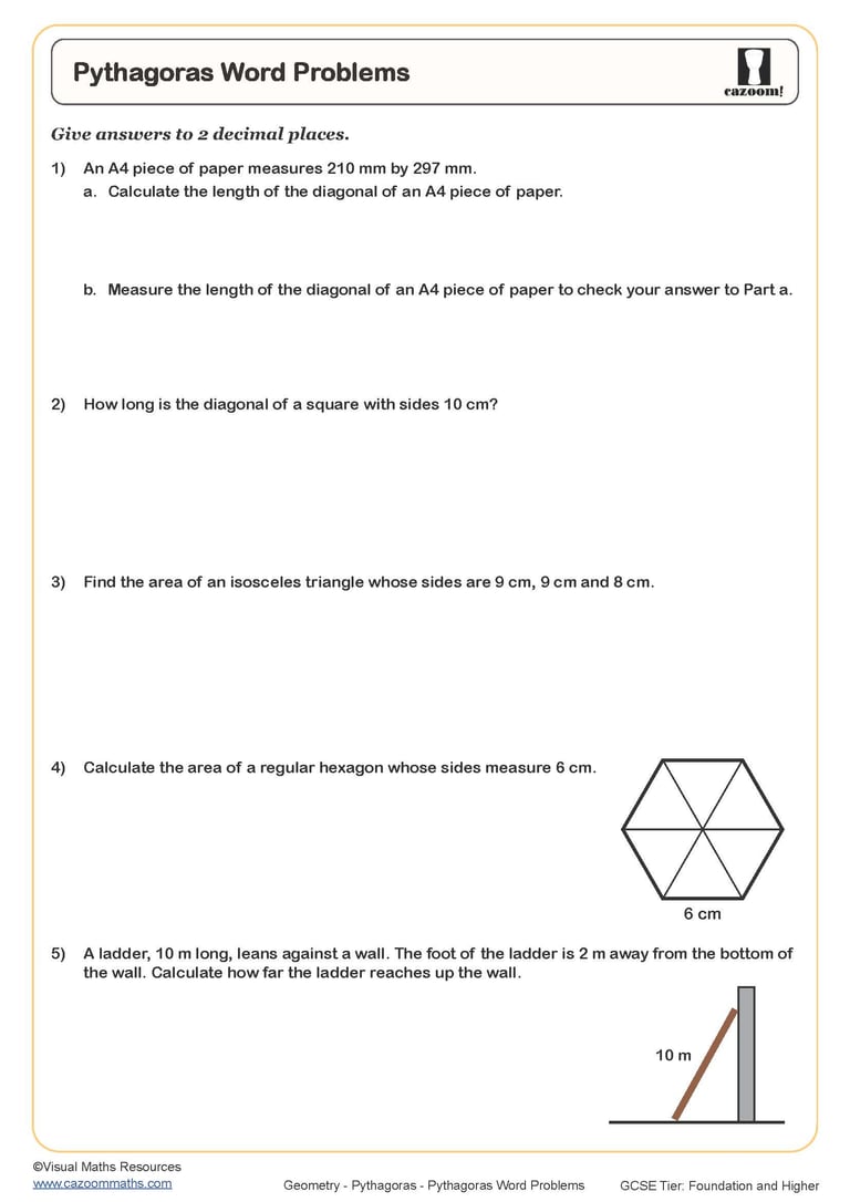 Pythagoras Word Problems Worksheet | Cazoom Maths Worksheets