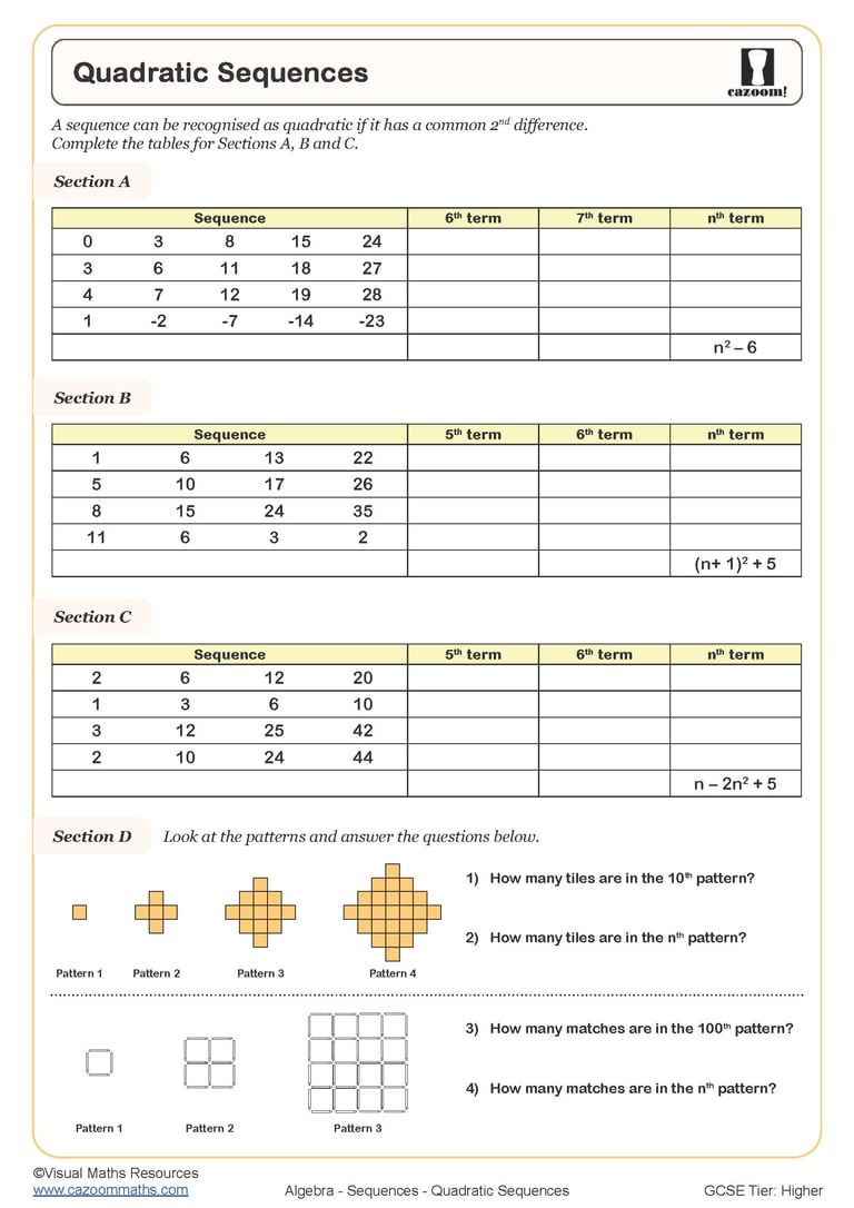 Quadratic Nth Terms GCSE Questions (B) | GCSE Revision Questions