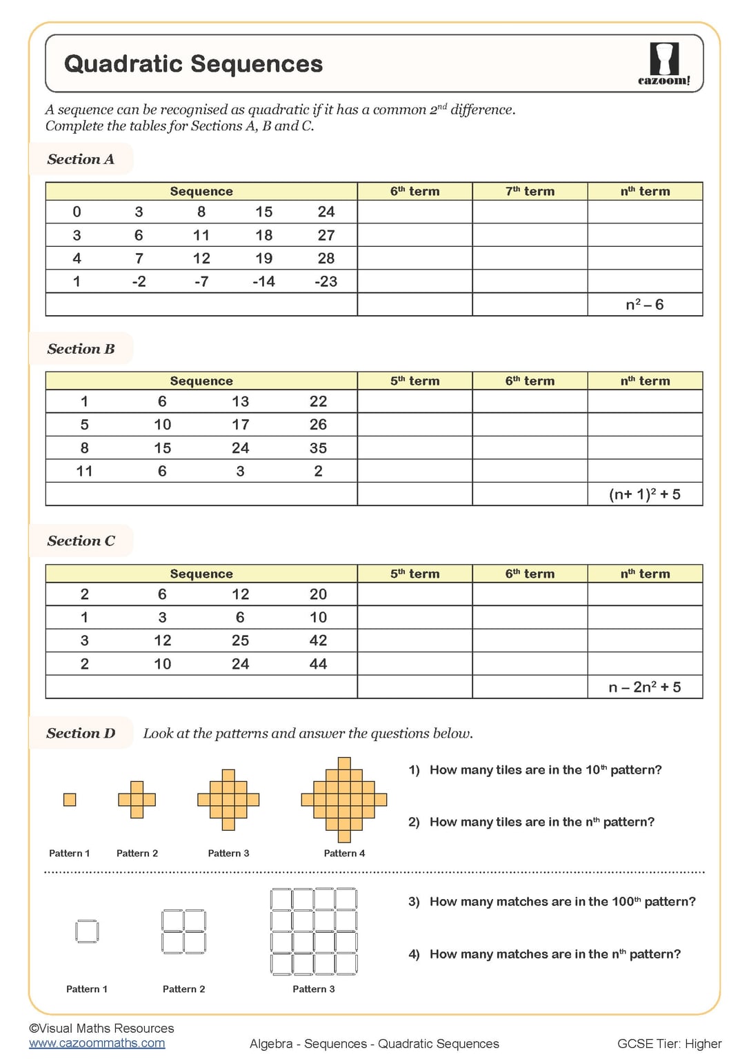 Quadratic Sequences Worksheet | Cazoom Maths Worksheets