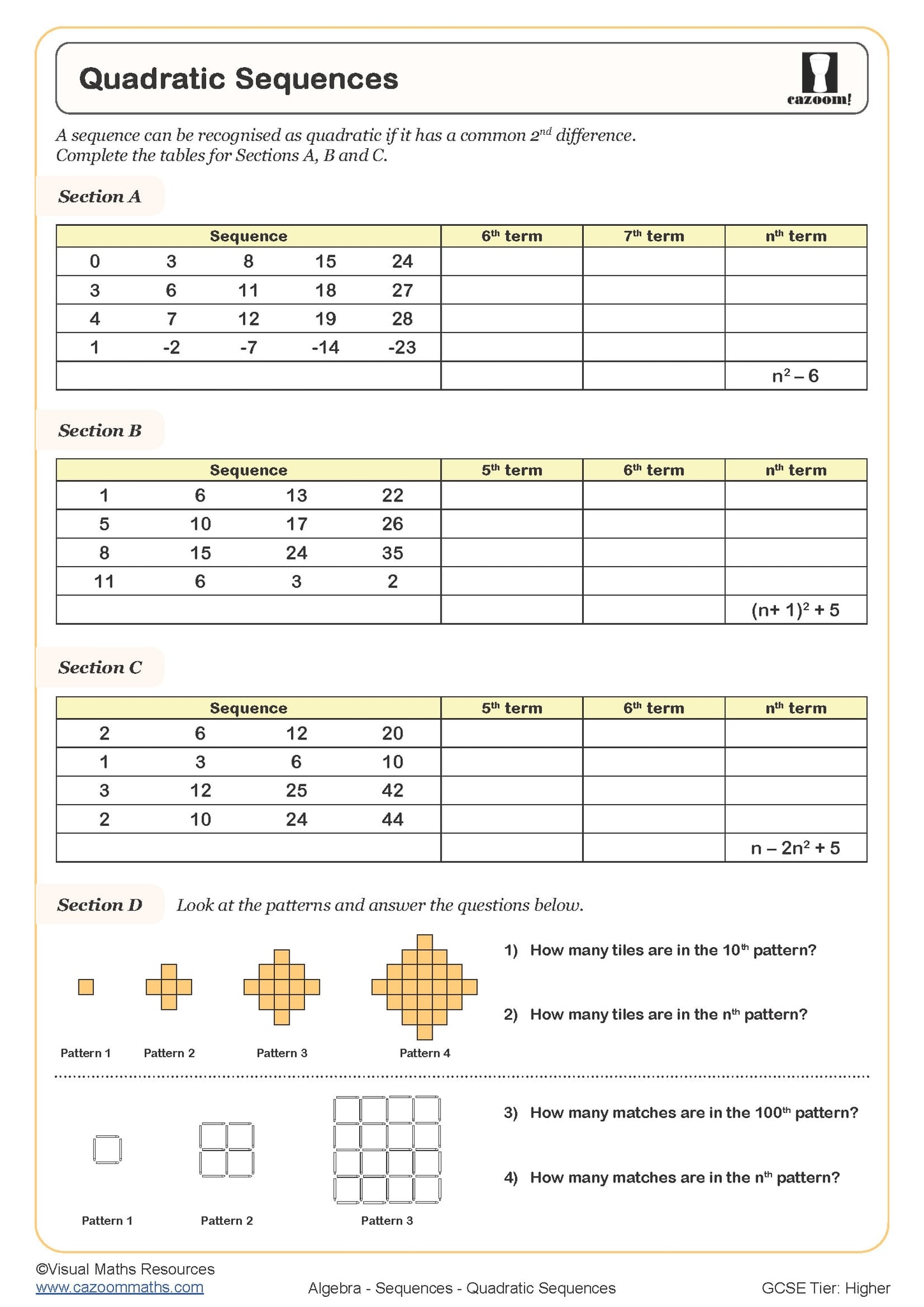 Quadratic Sequences Worksheet | Cazoom Maths Worksheets
