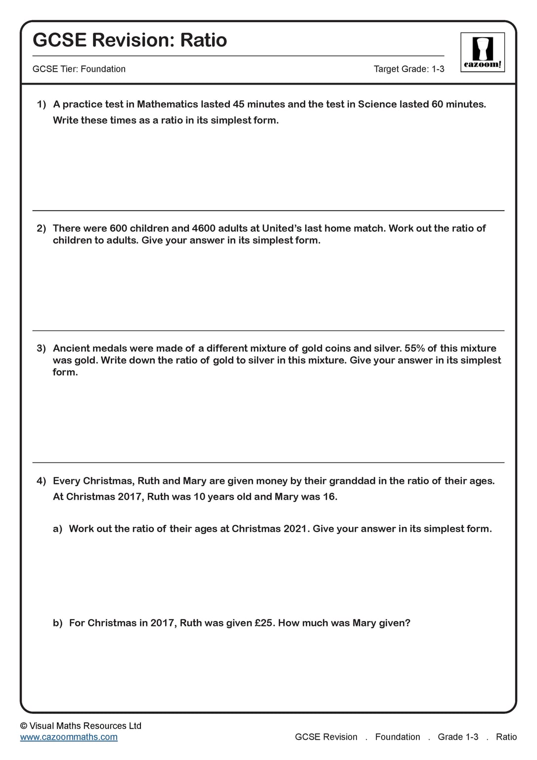 Ratio and Fractions (A) Worksheet | Cazoom Maths Worksheets