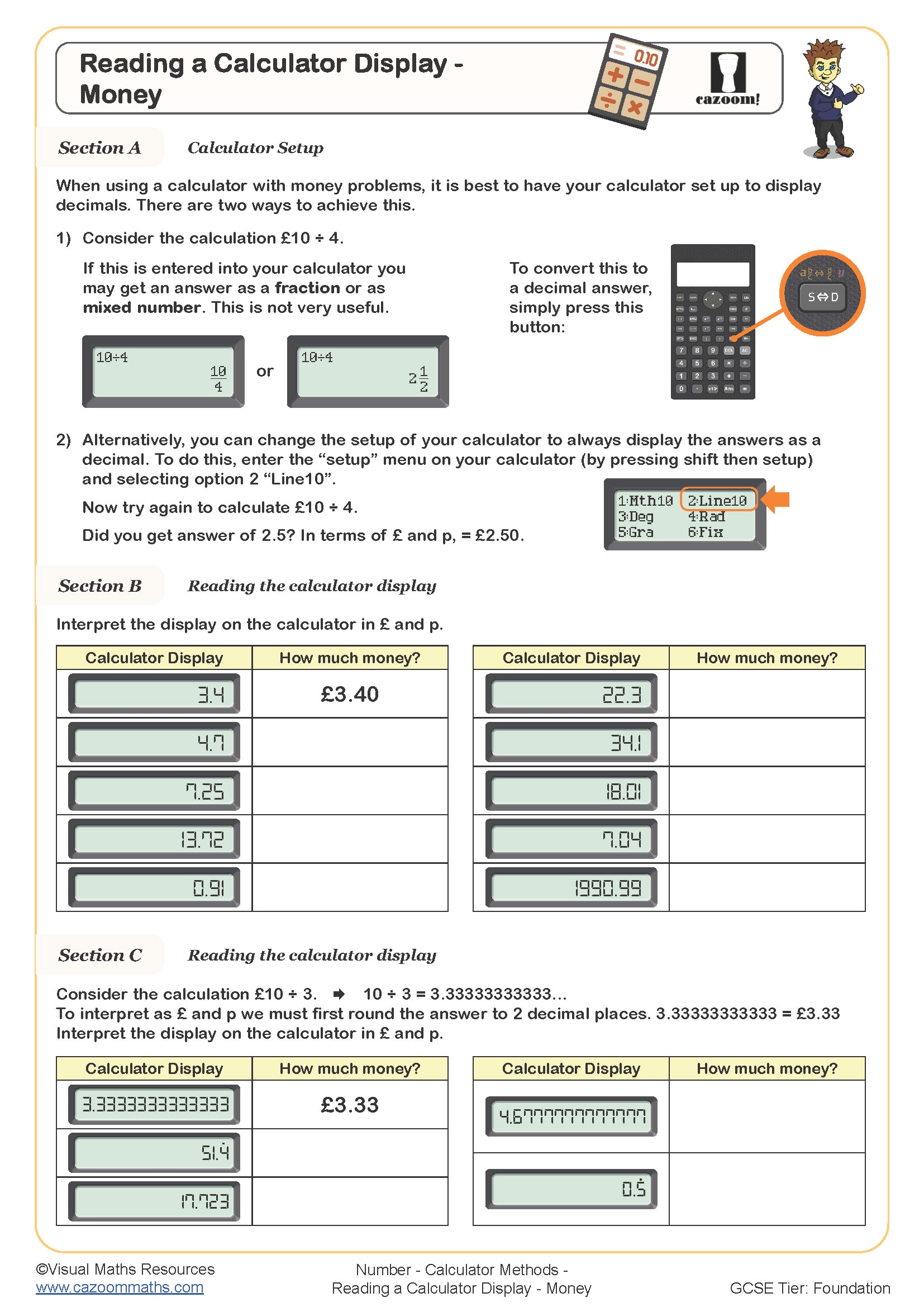Reading a Calculator Display - Money Worksheet | PDF Printable Worksheet