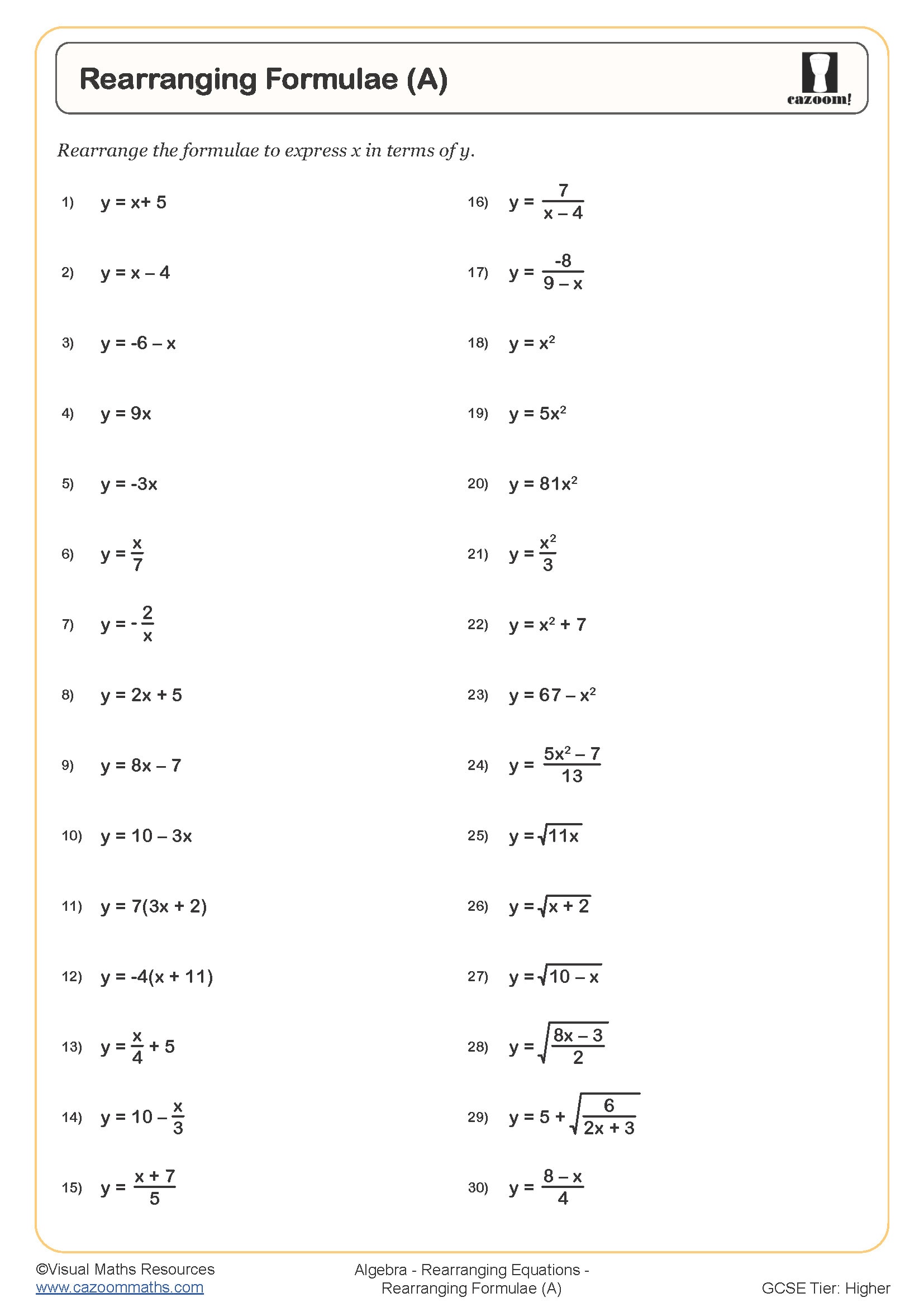 Rearranging Equations Worksheets - Printable Rearranging Equations GCSE ...