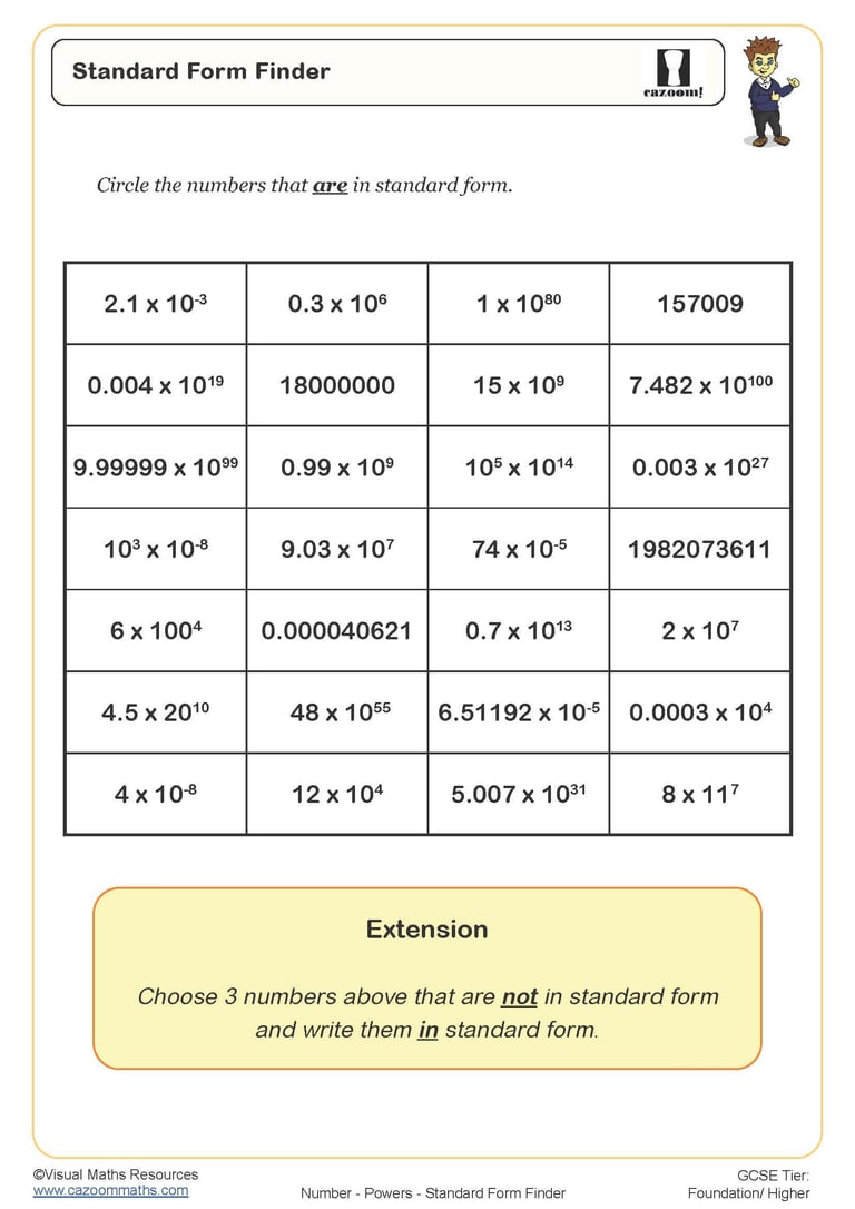 Recognising Standard Form Worksheet | Cazoom Maths Worksheets