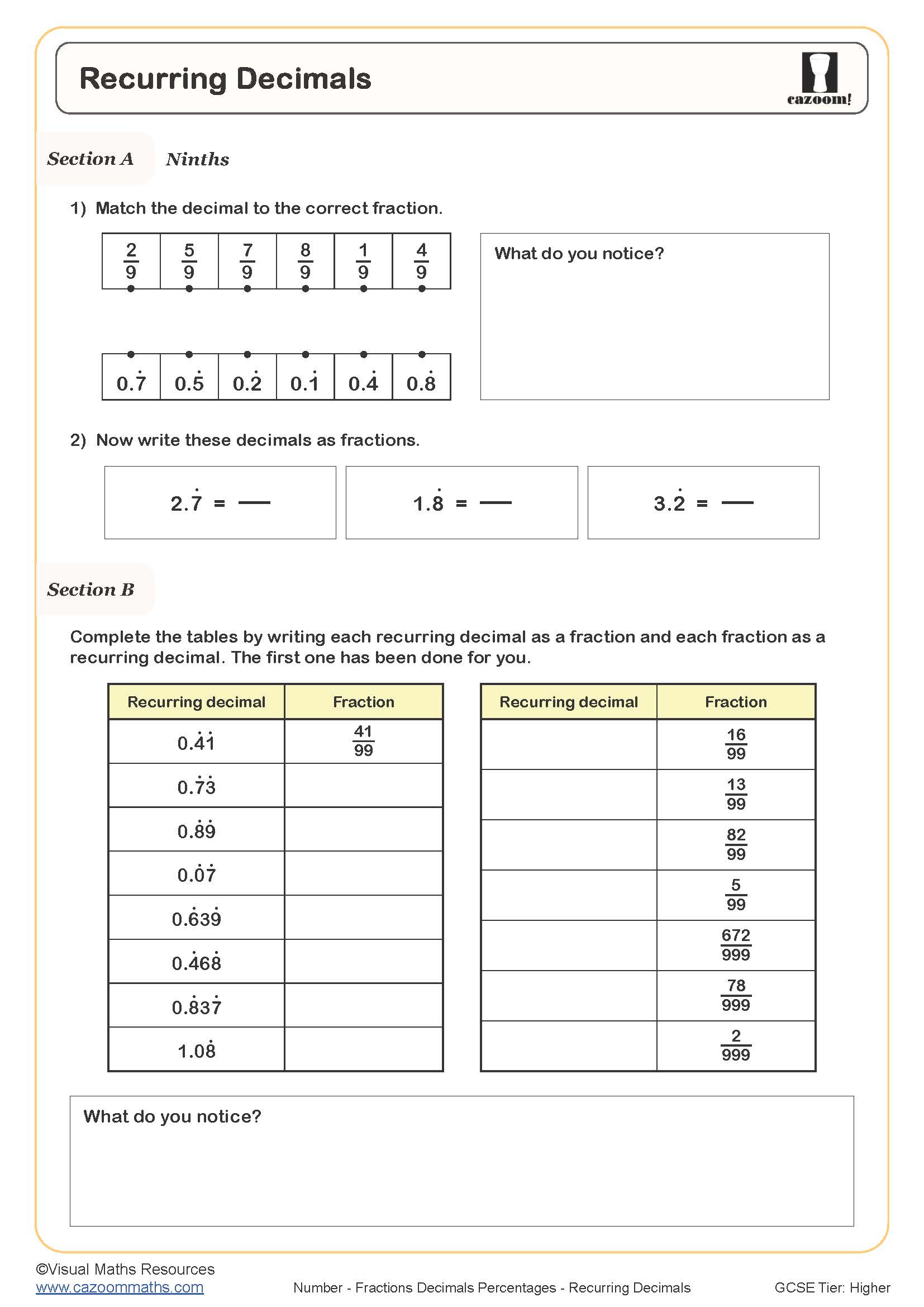 Recurring Decimals PDF Worksheets | Fun and Engaging Number Worksheets