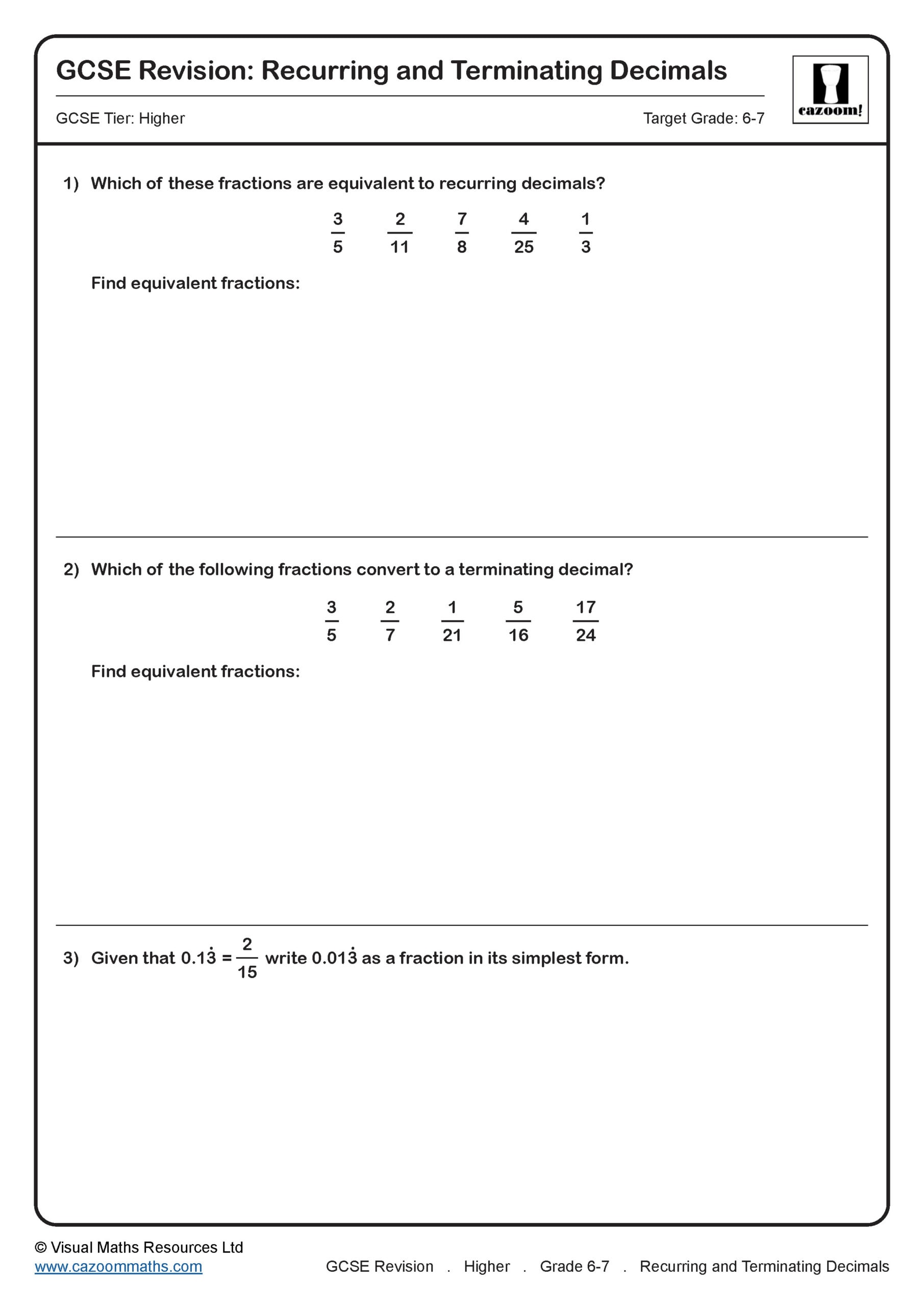 Recurring and Terminating Decimals GCSE Questions | GCSE Revision Questions