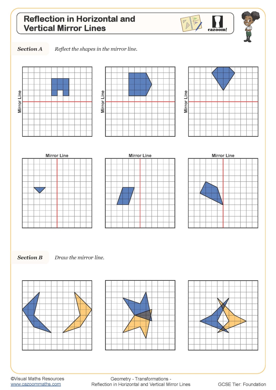 Reflection in Horizontal, Vertical and Diagonal Mirror Lines Worksheet ...
