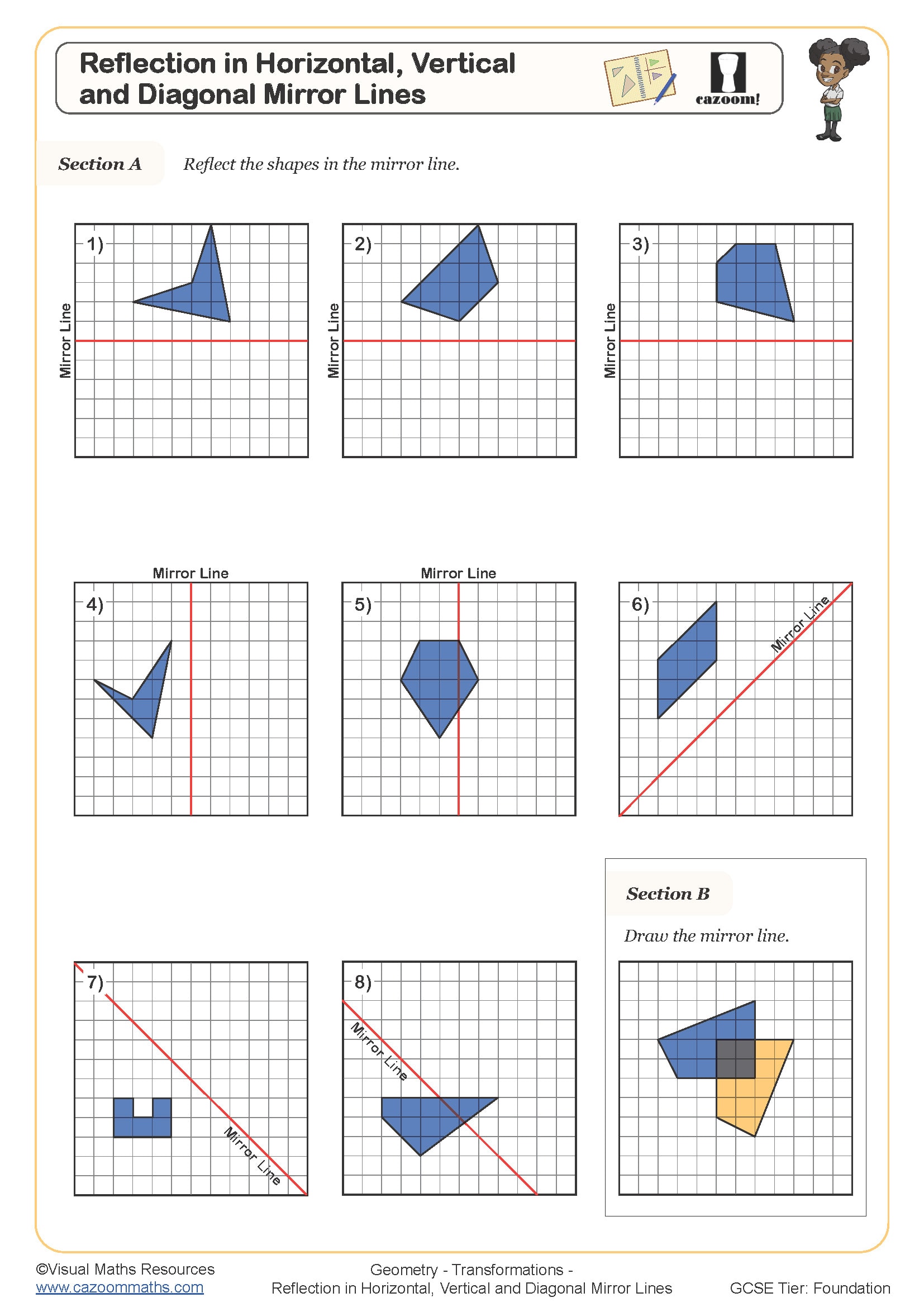 Reflection in Horizontal, Vertical and Diagonal Mirror Lines Worksheet ...