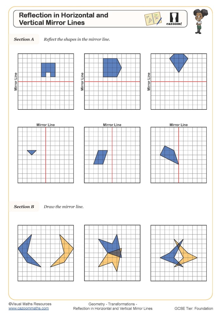 Reflections in X and Y Axes Worksheet | Cazoom Maths Worksheets
