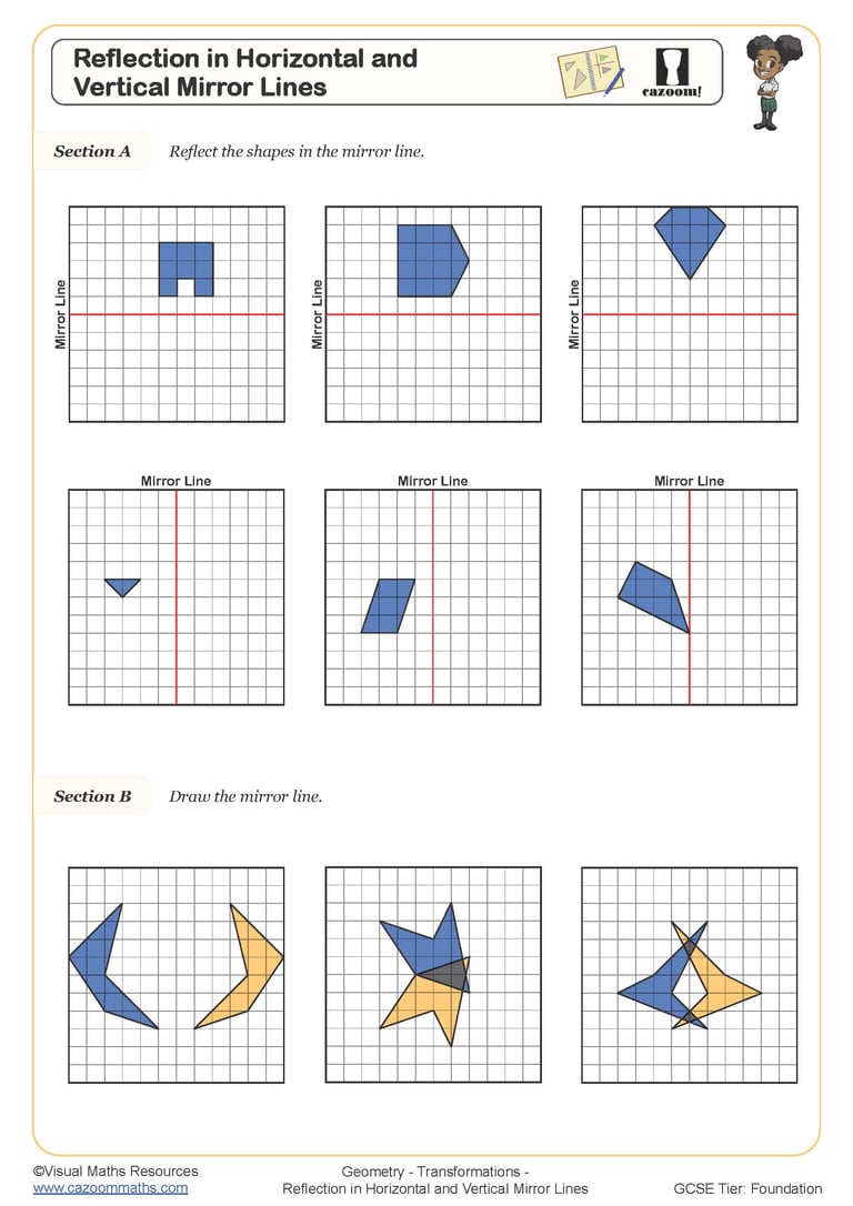 Reflections in X and Y Axes Worksheet | Cazoom Maths Worksheets