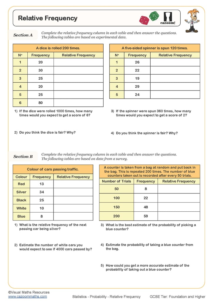 Relative Frequency Worksheet | Printable PDF Worksheets