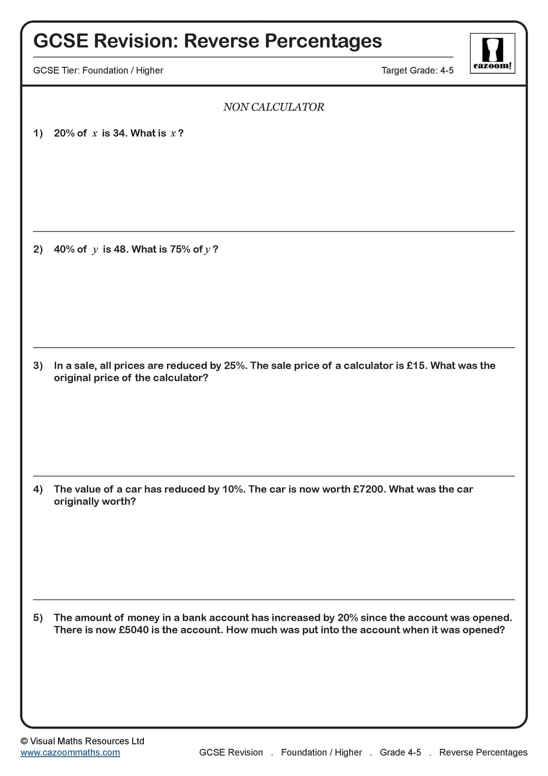 Reverse Percentages GCSE Questions | GCSE Revision Questions