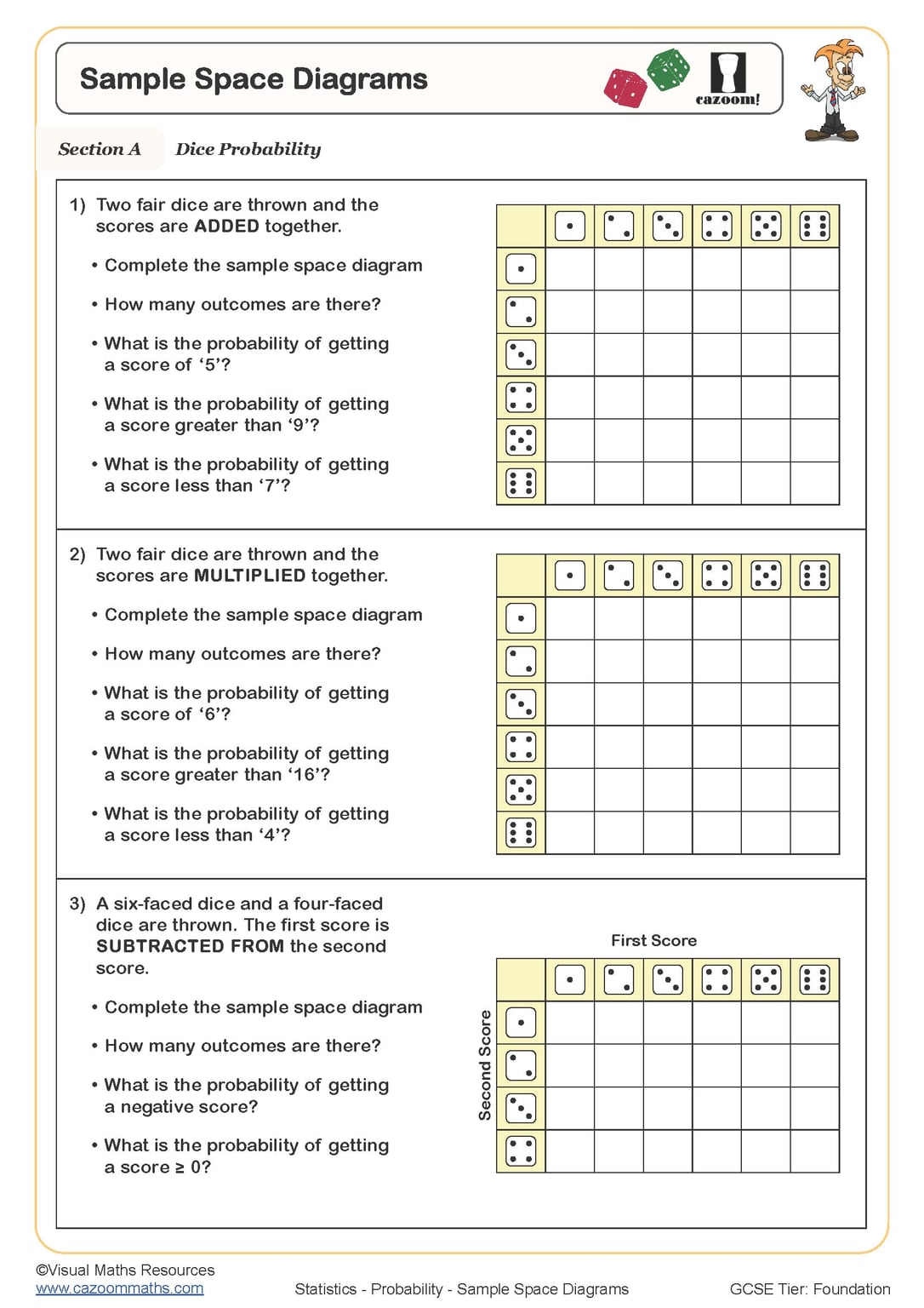 Sample Space Diagrams Worksheet | Cazoom Maths Worksheets